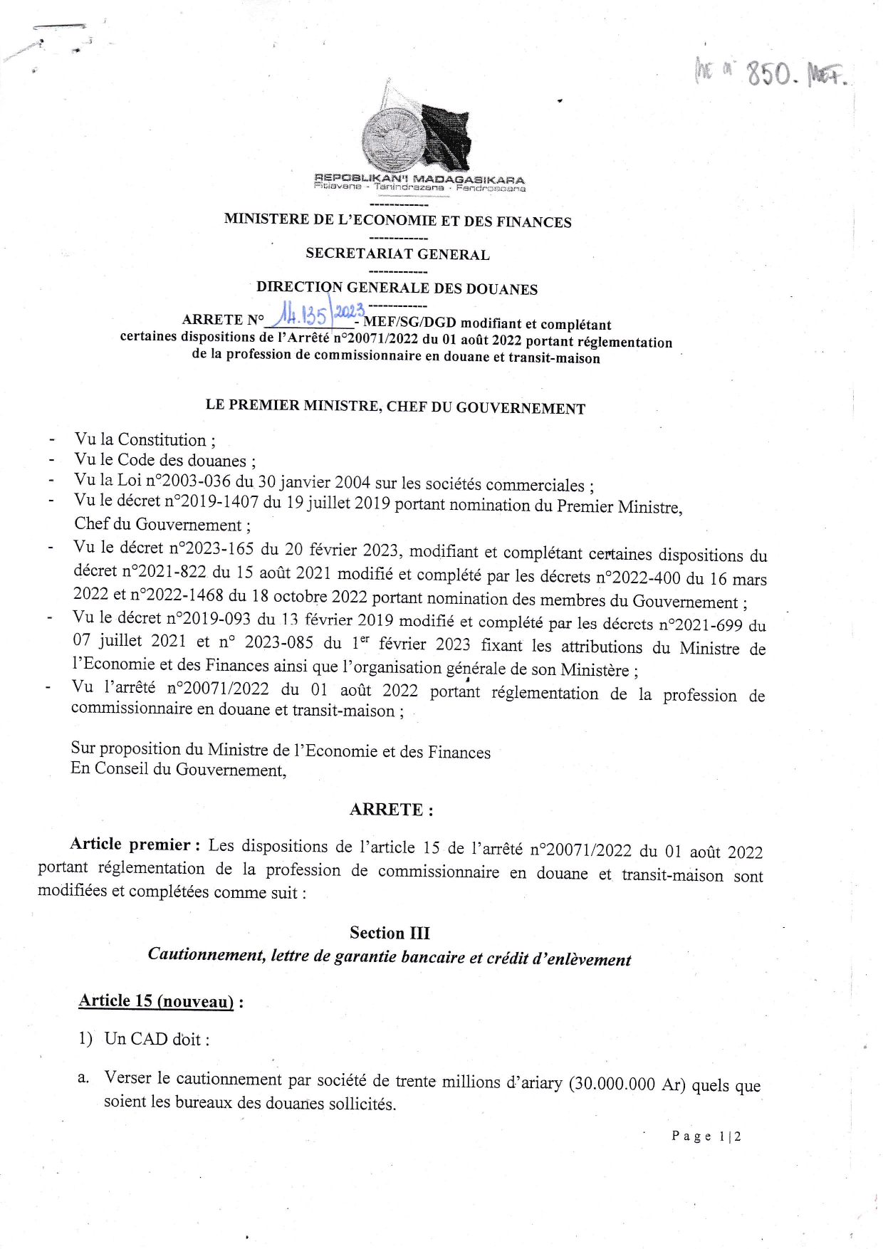 Arrêté No 14.135/2023-MEF/SG/DGD modifiant et complétant certaines dispositions de l'Arrêté N ...