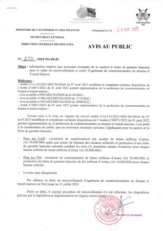 Information relative aux nouveaux montants de la caution et lettre de ...