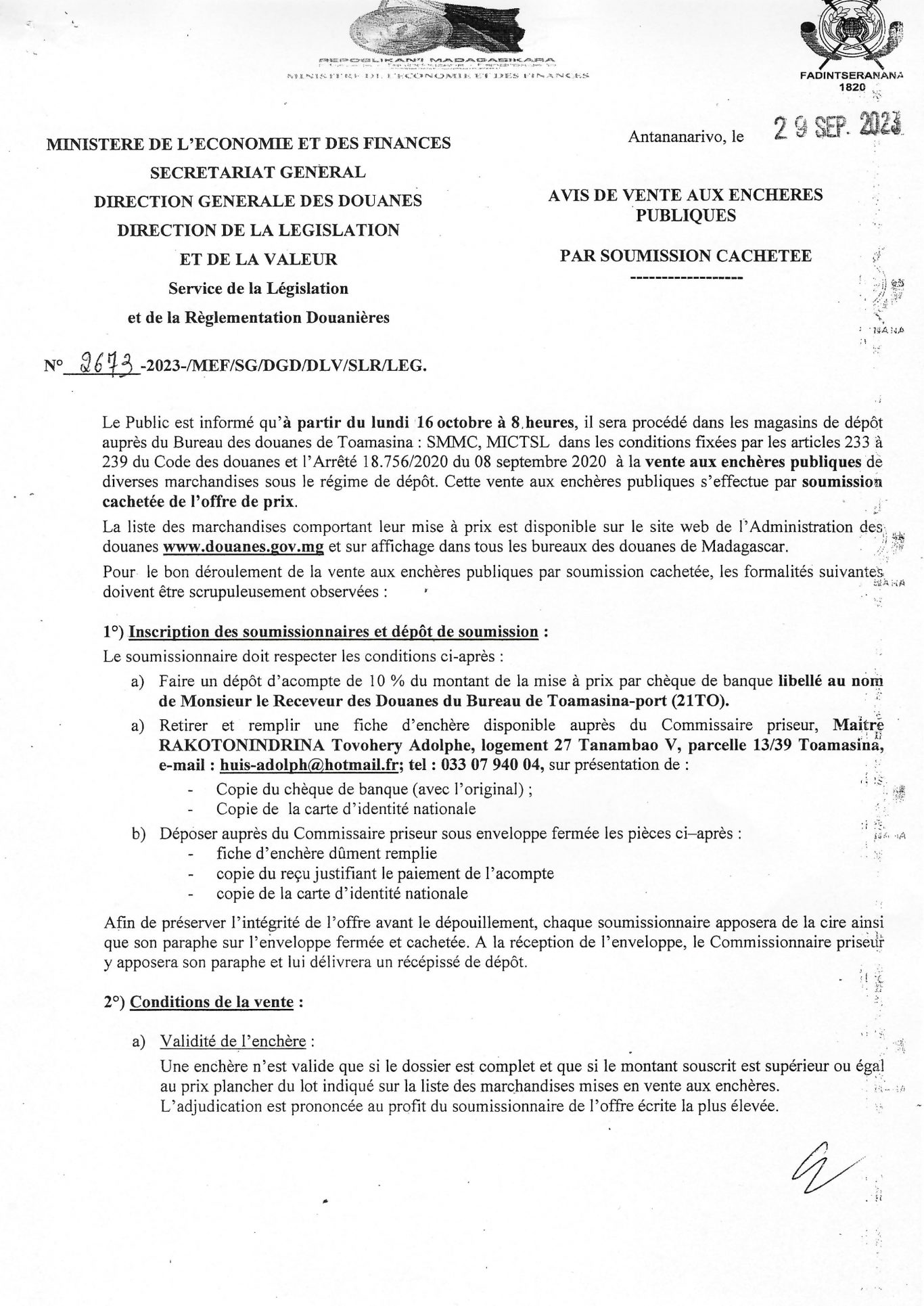 Avis de vente aux enchères publiques par soumission cachetée No : 2673 ...