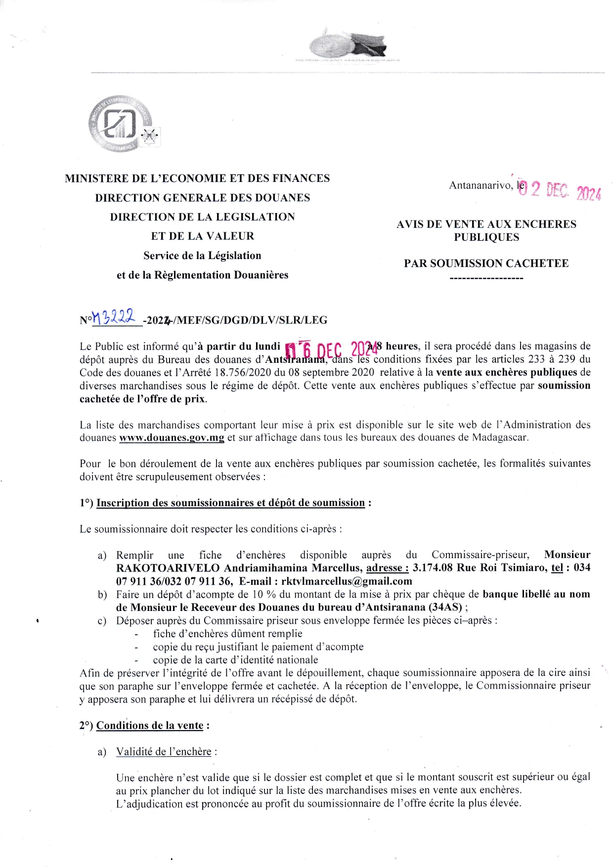 Avis de vente aux enchères publiques par soumission cachetée No : M3122 ...