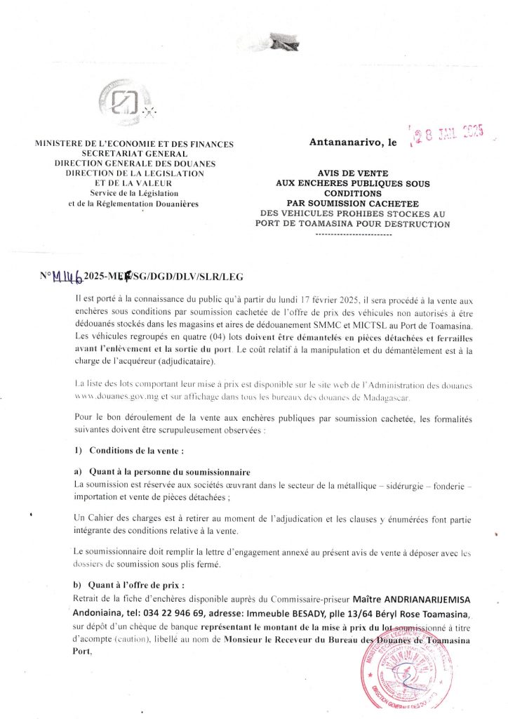 Avis de vente aux enchères publiques sous conditions par soumission ...