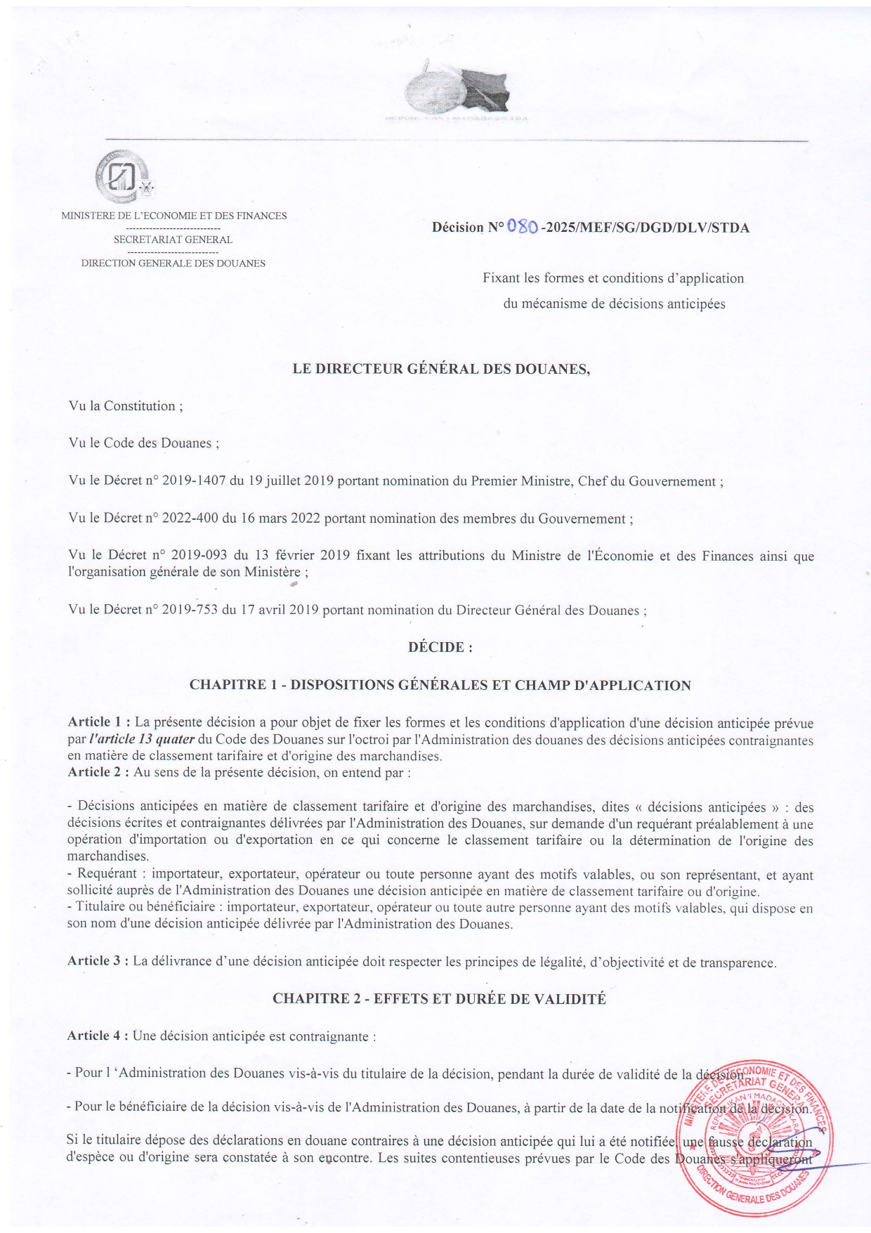 Décision N°80-2025/MEF/SG/DGD/DLV/STDA Fixant les formes et conditions ...