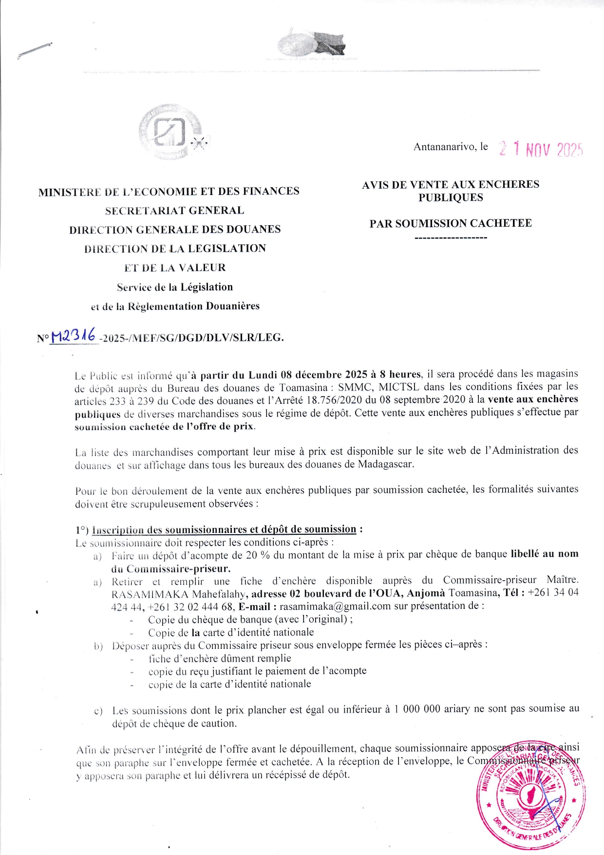 Avis de vente aux enchères publiques sous conditions par soumission ...